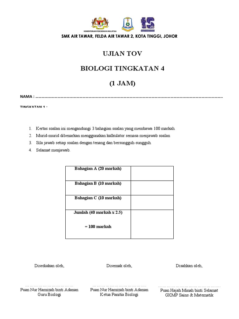 Ujian Tov Bio Ting 4 2022 | PDF