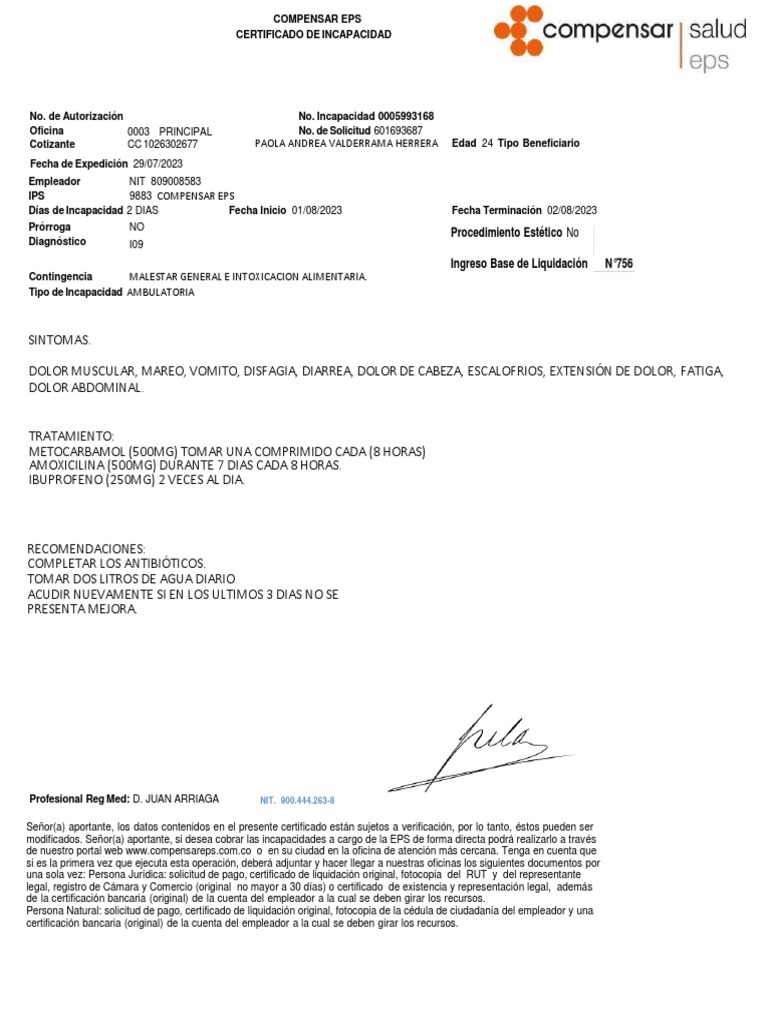 Compensar Incapacidad CC 1026302677 Jaskd2aldjd7jadoa8oidq9 | PDF
