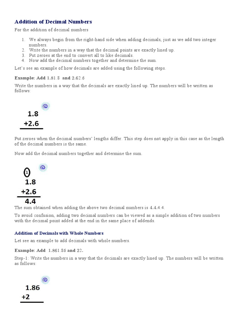 Addition of Decimal Numbers | PDF | Subtraction | Decimal