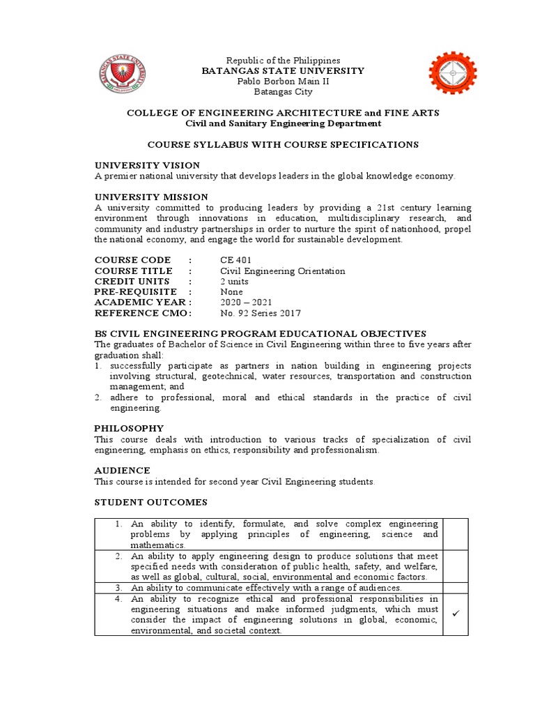 CE 401 Civil Engineering Orientation Course Specifications | PDF | Engineering | Academic Dishonesty