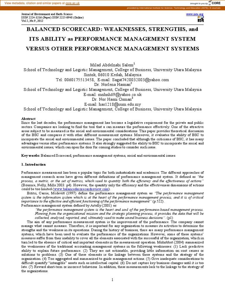 Balanced Scorecard: Weaknesses, Strengths, and Its Ability As Performance Management System ...