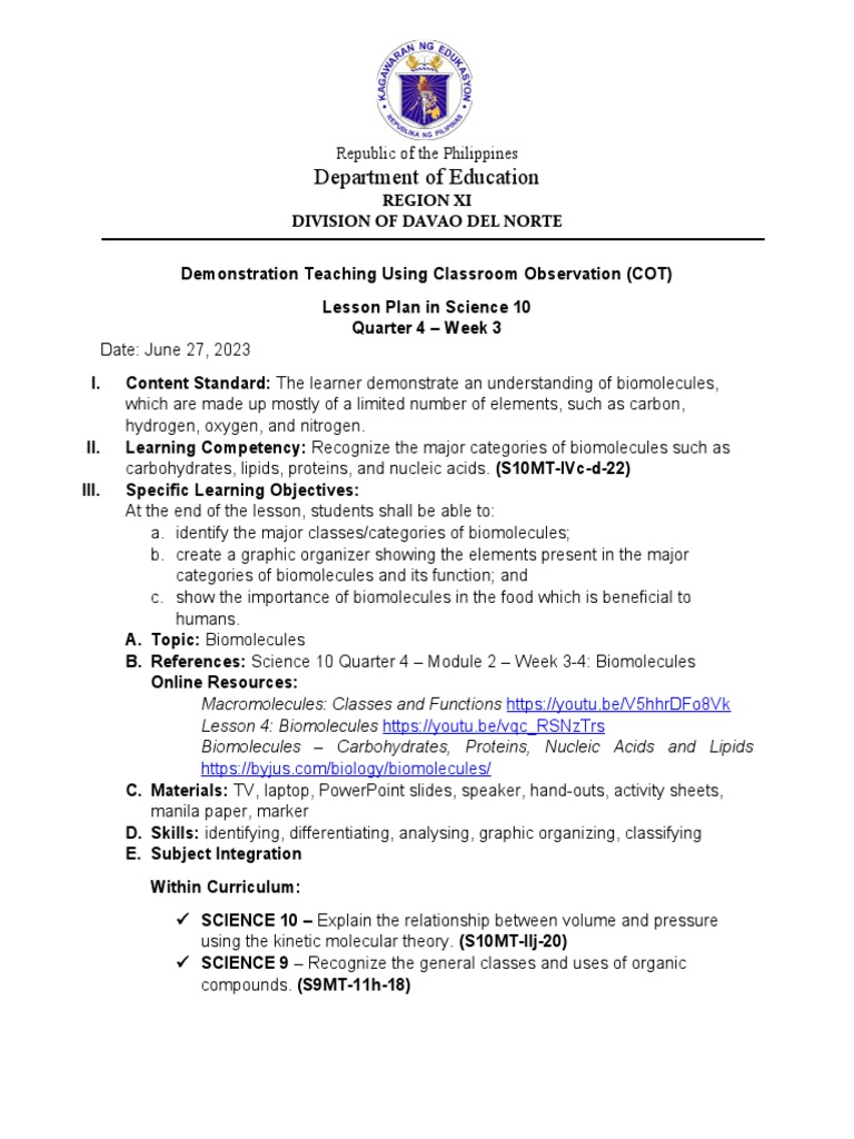 Lesson Plan in Science 10 | PDF | Biomolecules | Macromolecules