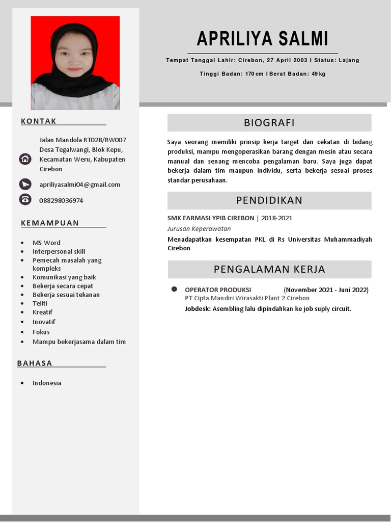 Profil Apriliya Salmi: Operator Produksi Cekatan | PDF