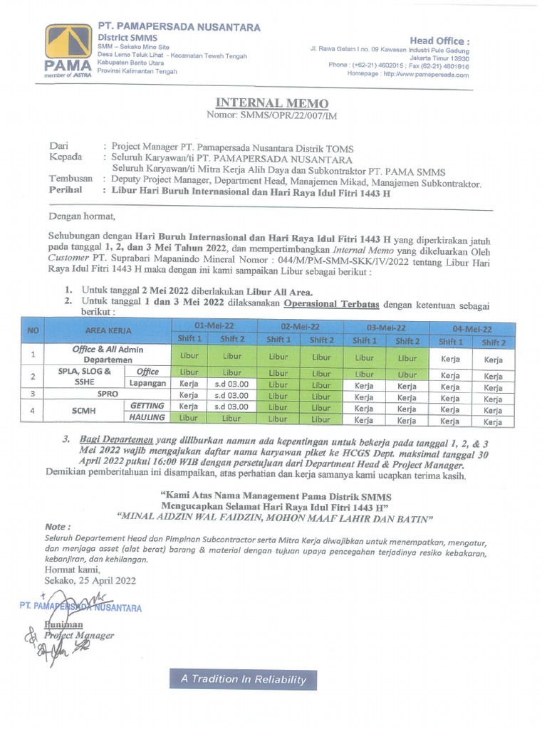 Internal Memo Hari Libur Buruh Internasional Dan Idul Fitri 1443 H - Smms | PDF