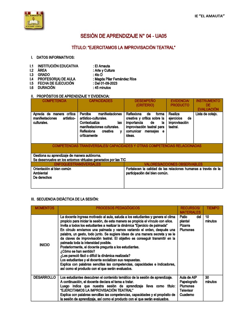 Sesion de Aprendizaje de Improvisacion Teatral MPFR | PDF