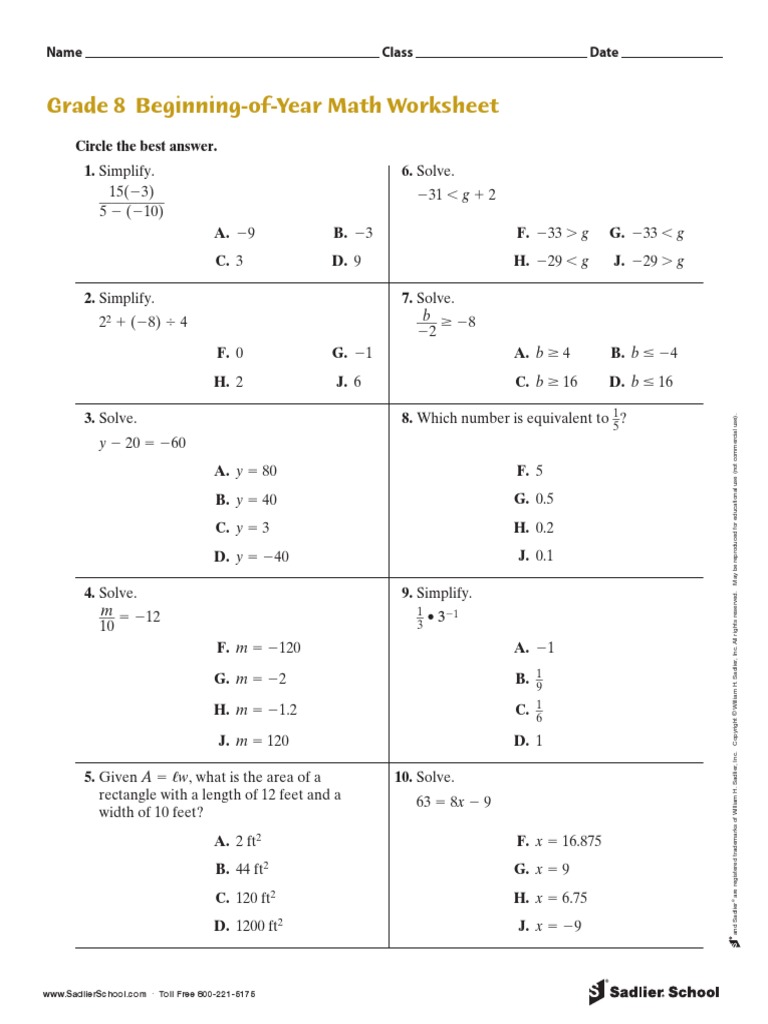 MATH DL BeginningYearWorksheetGr8 | PDF | Area | Mathematics
