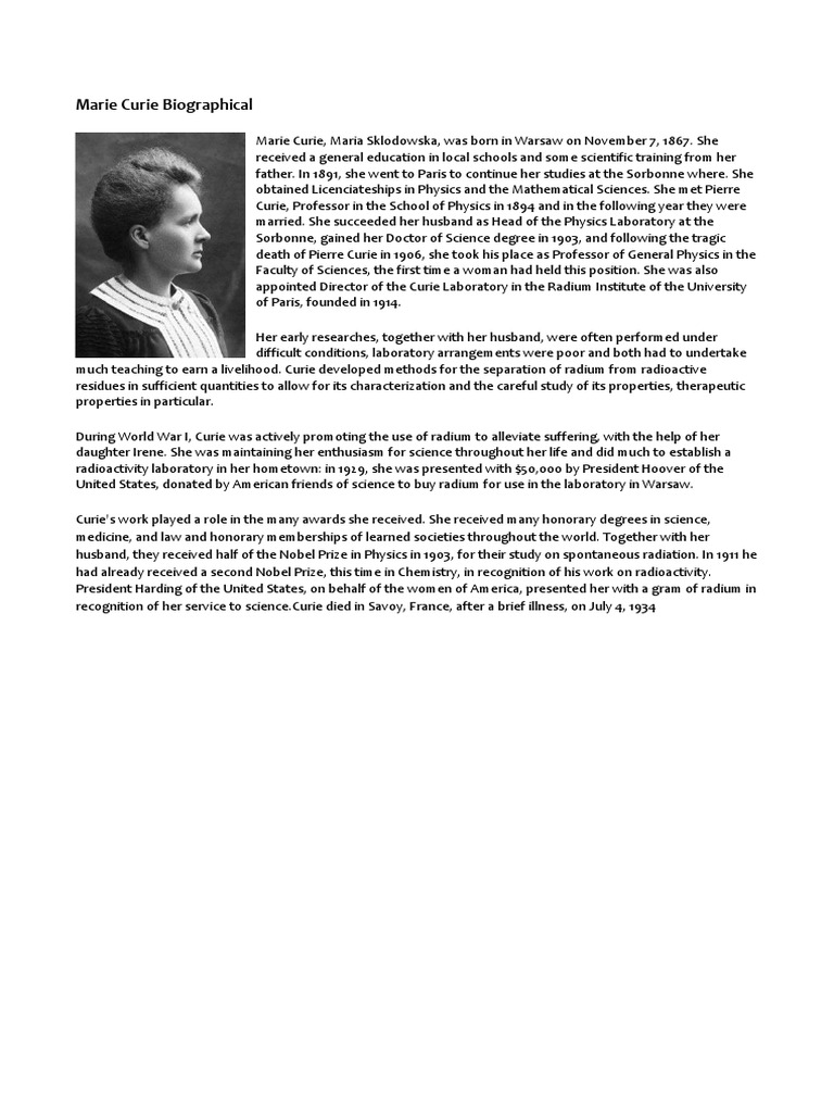 Marie Curie Biographical | PDF