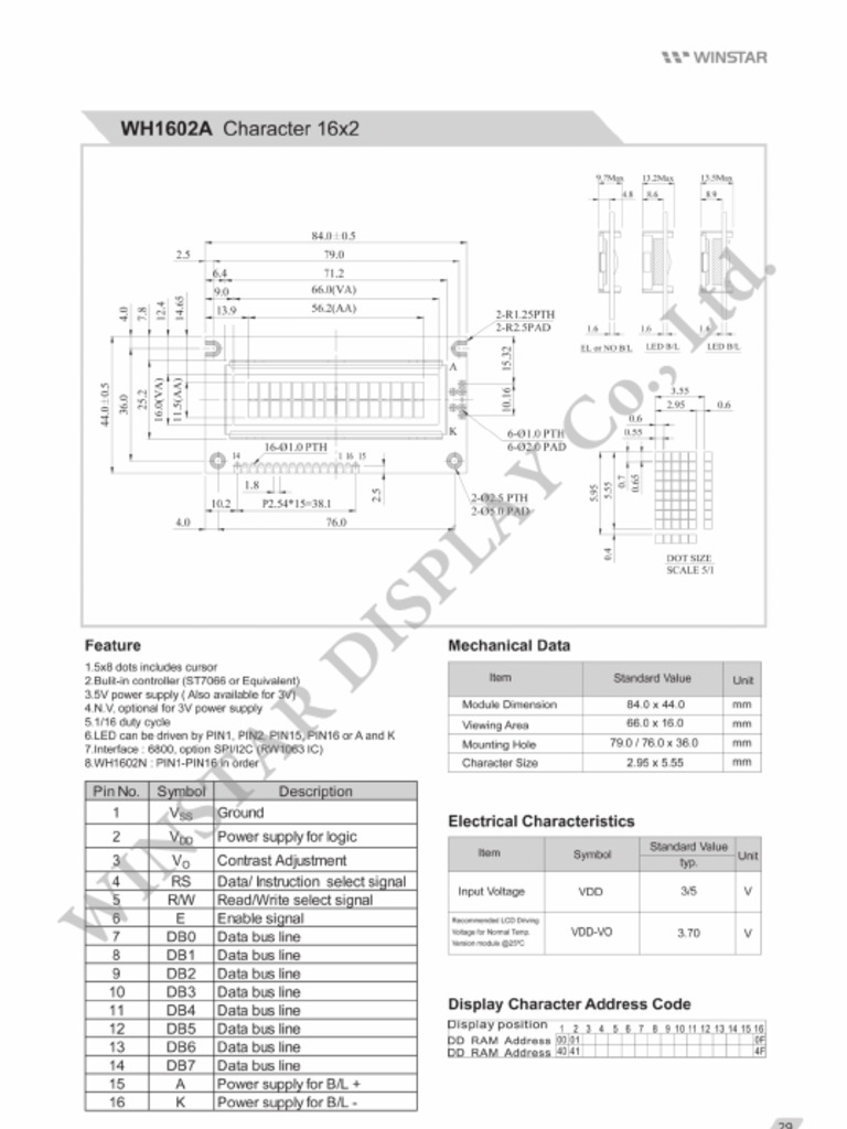 Datasheet Display LCD 16x2 Winstar WH1602A | PDF
