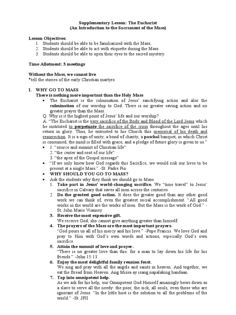 Supplementary Lesson - The Eucharist | PDF | Eucharist | Mass (Liturgy)