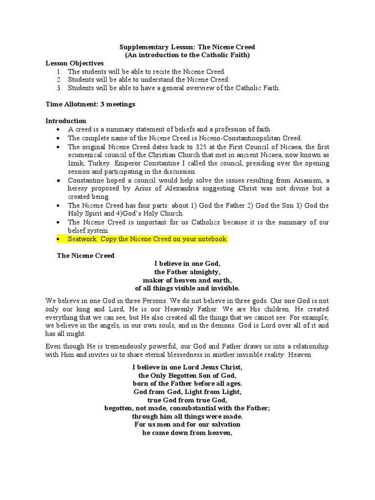 Supplementary Lesson - Nicene Creed | PDF | God The Father | Trinity