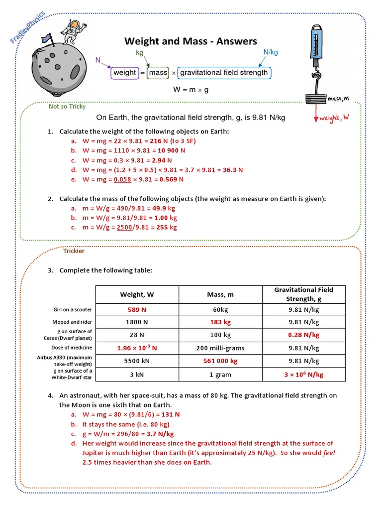 Mass and Weight Worksheet - The Answers | PDF