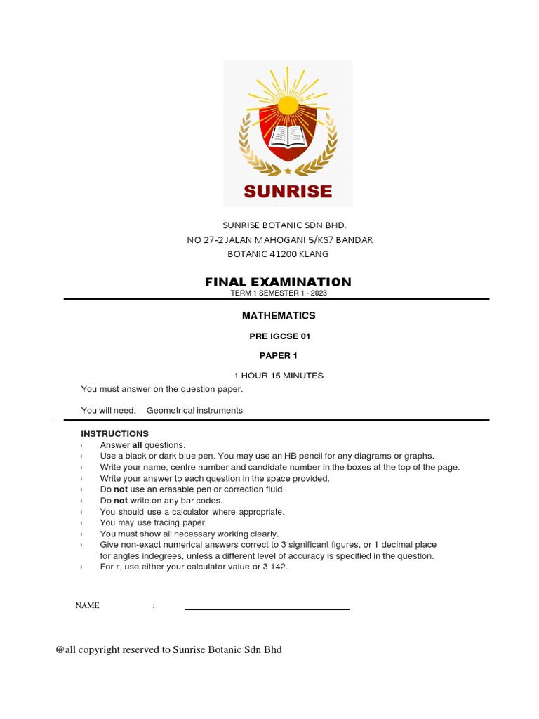 Pre Ig 01 Maths Paper 1 - Term 1 Sem 1 2023 (8 Copies) | PDF