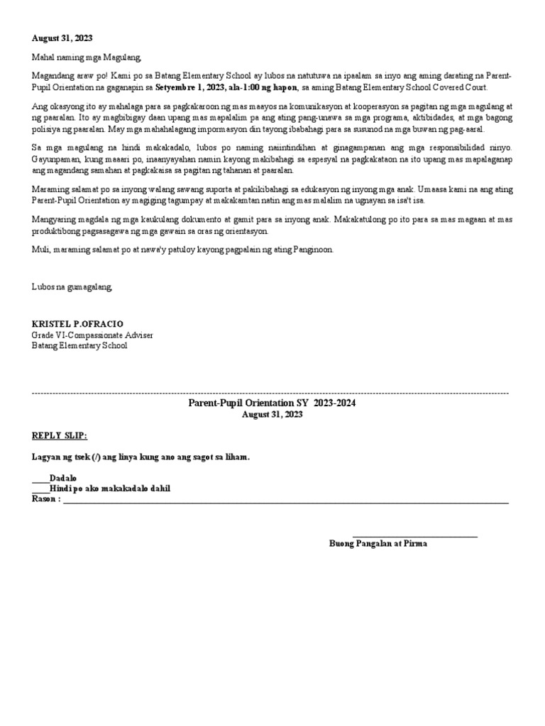 Parent-Pupil Orientation Letter | PDF