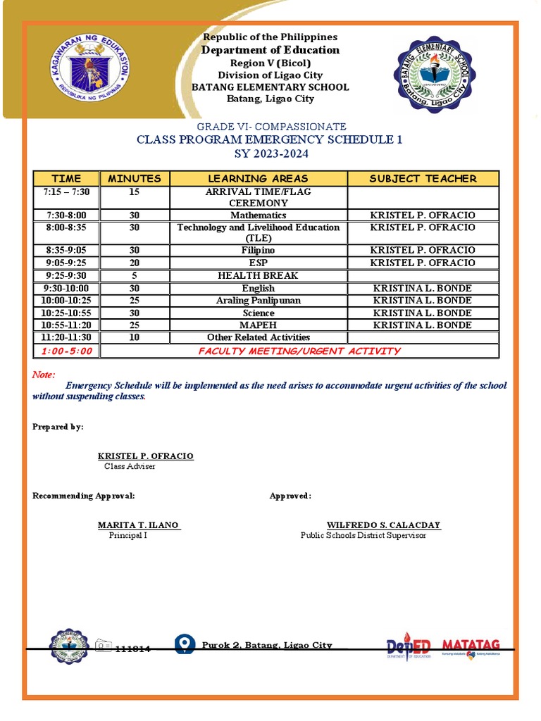 Class Program Emergency Schedule Am All Subjects | PDF