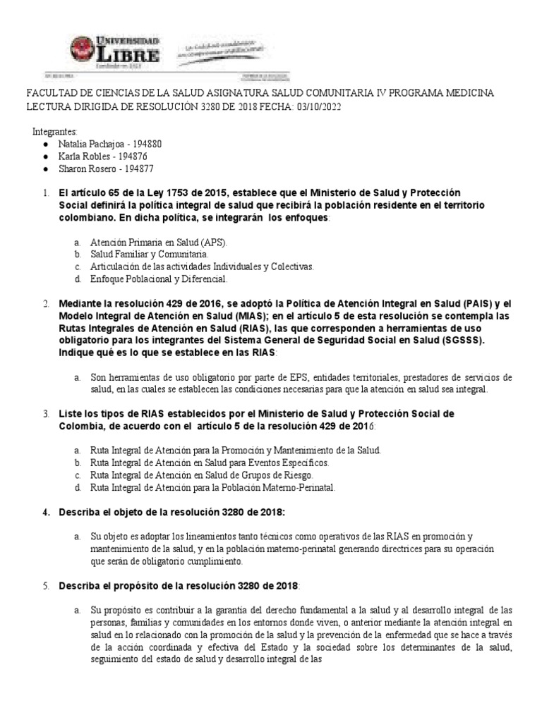 Taller Resolucion 3280 de 2018 | PDF | Trabajo Social | Cuidado de la salud