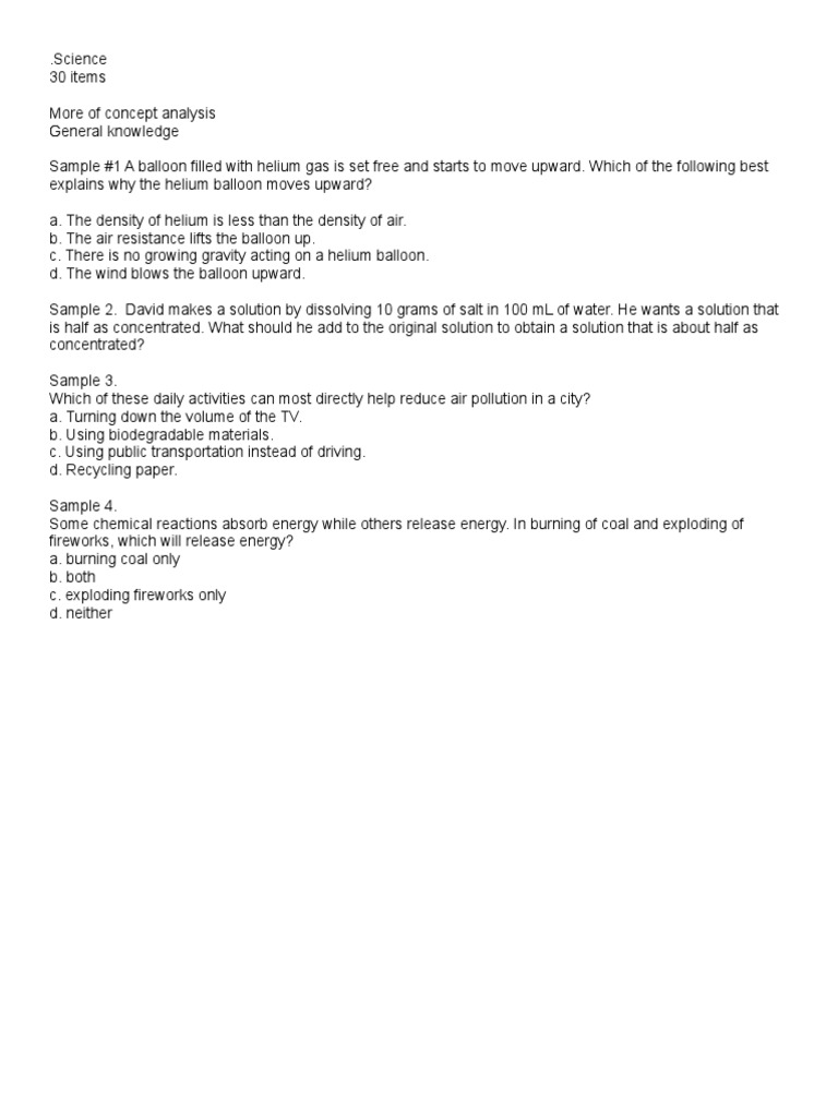 Dylan Entrance Exam Sample Questions | PDF | Balloon | Helium