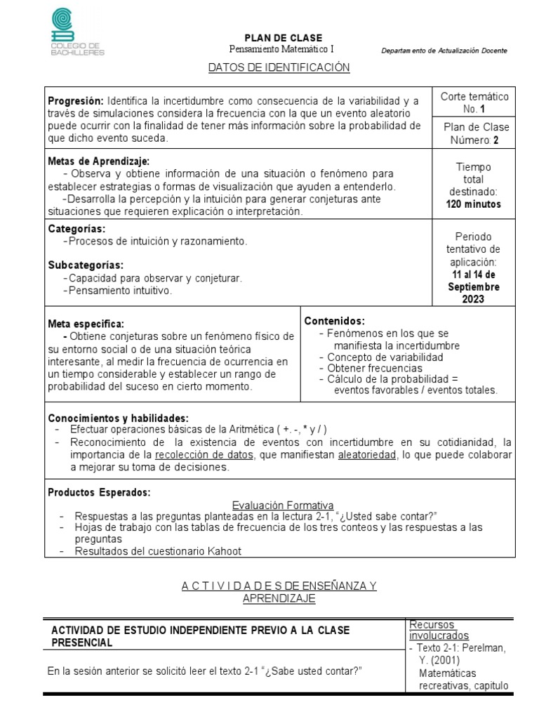 Plan de Clase Ejemplo | PDF | Probabilidad | Aleatoriedad