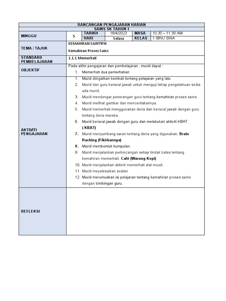 Rph Ringkas Minggu 4 Sains Sk Thn 1 2023 by Cikgu Gorgeous | PDF