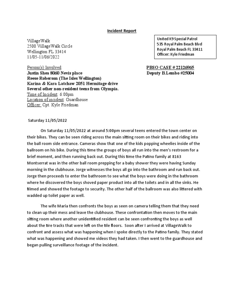 VillageWalk Incident Report: Teen Misconduct | PDF | Mystery, Thriller ...