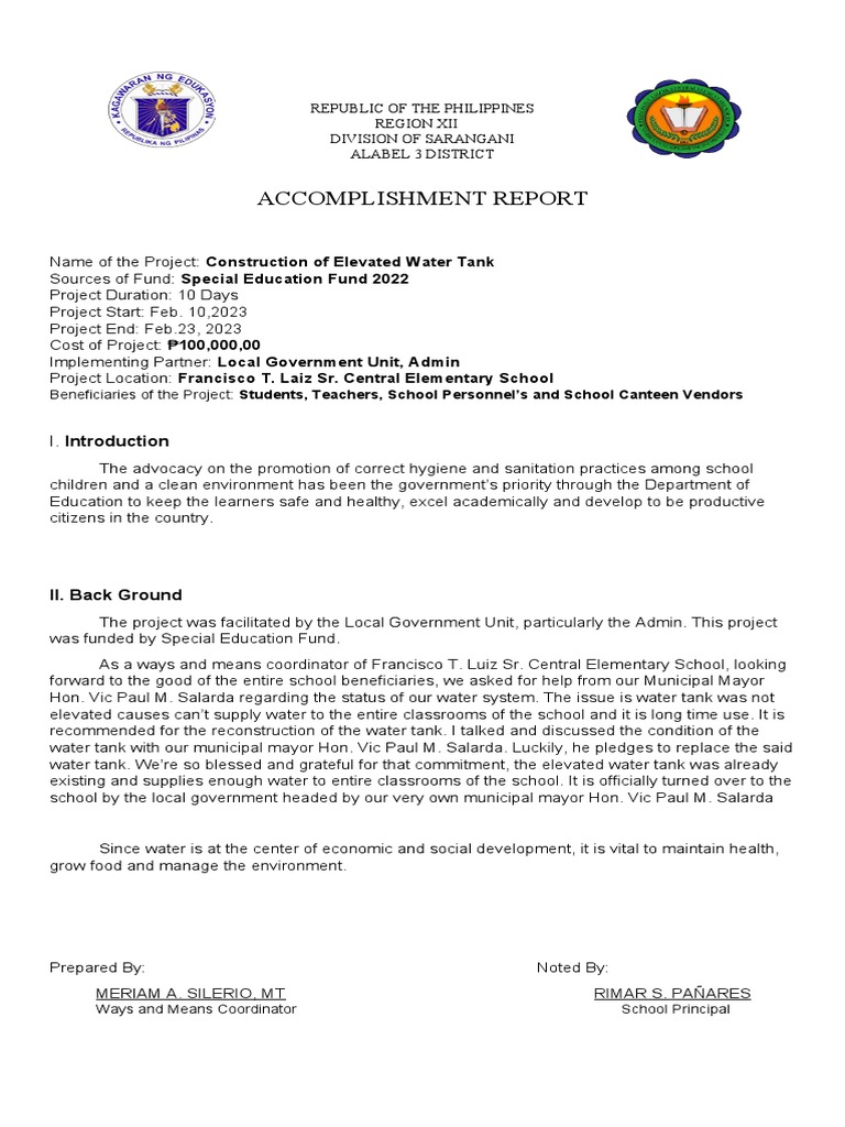 ACCOMPLISHMENT REPORT - Construction of Elevated Water Tank | PDF