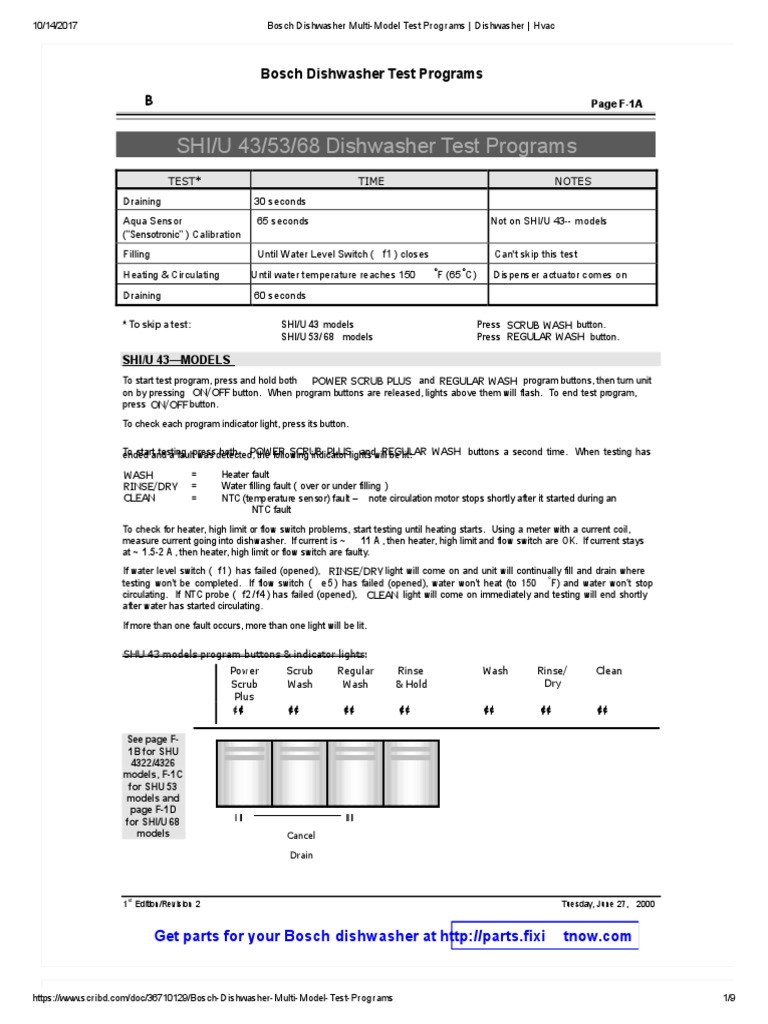 Bosch Dishwasher Multi-Model Test Programs - Dishwasher - Hvac | PDF