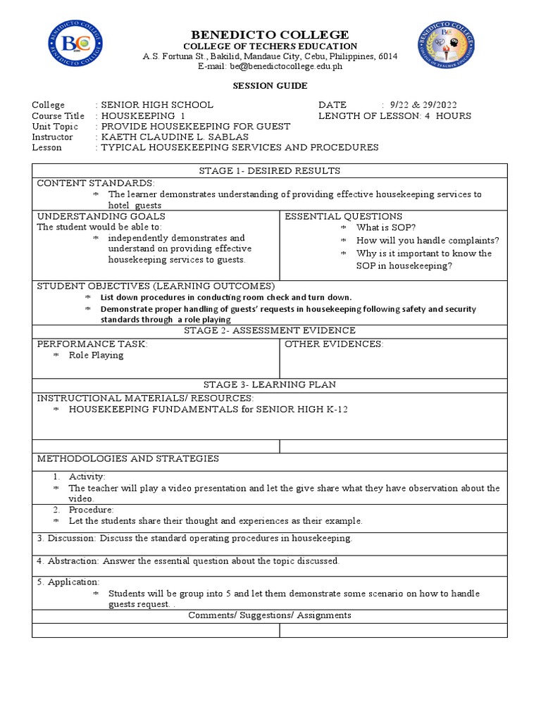 Housekeeping 1 Session Guide | PDF | Teachers | Educational Assessment