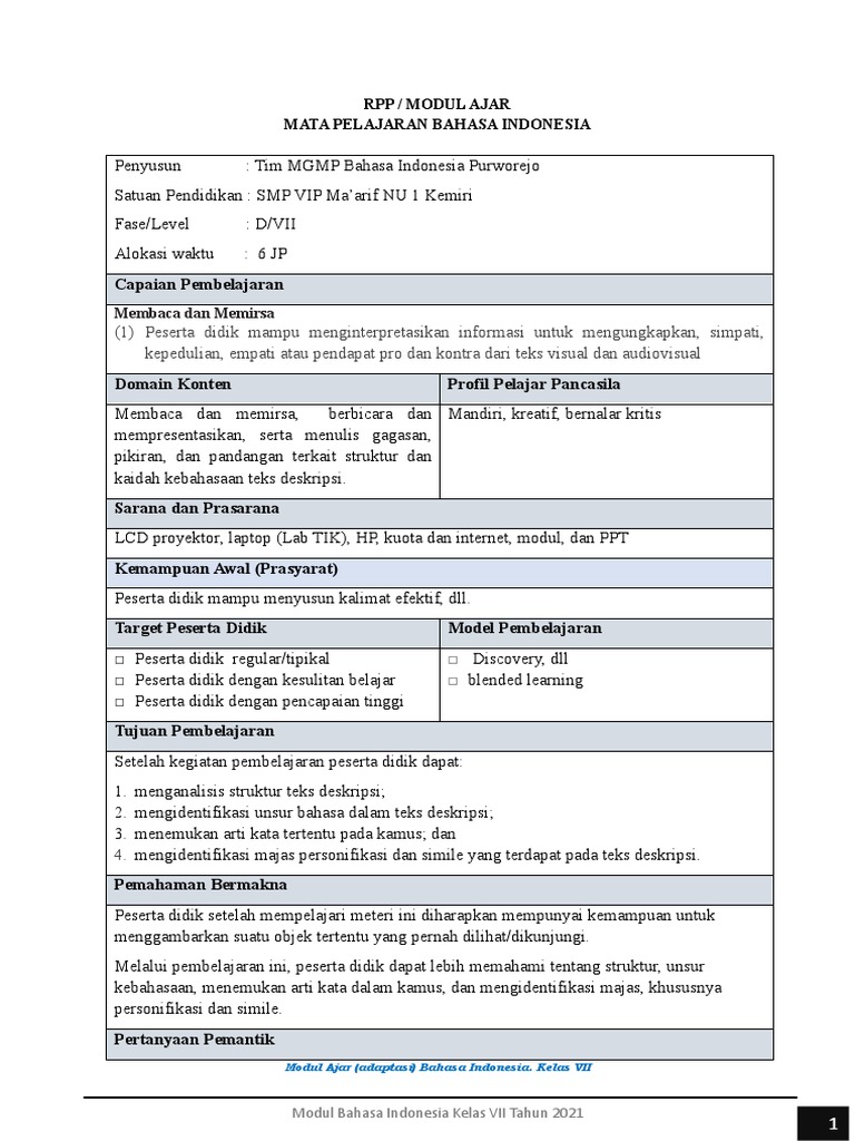 Modul Ajar Bindo KLS Vii - Teks Deskripsi | PDF