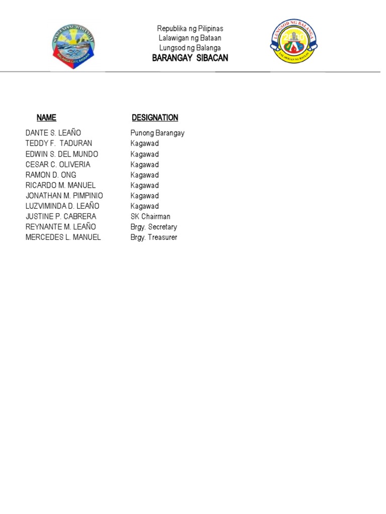 Barangay Sibacan Officials | PDF