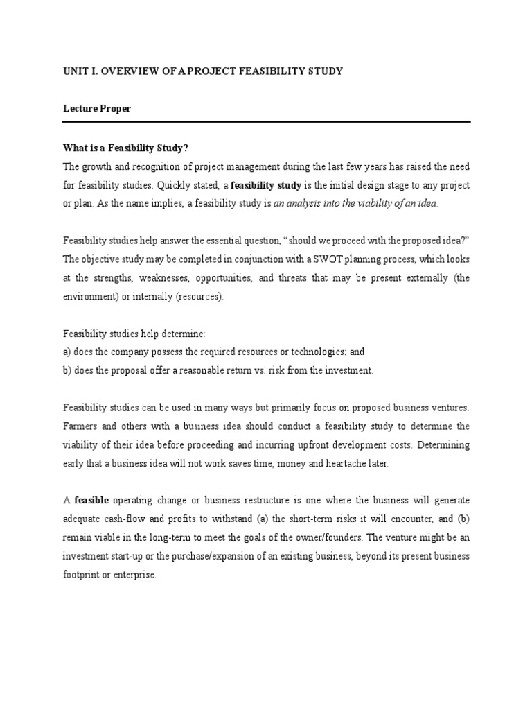 Unit I - Overview of A Feasibility Study | PDF | Feasibility Study ...