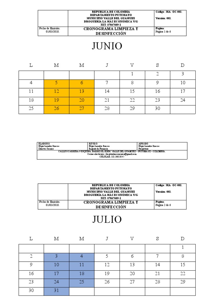 Cronograma de Limpieza y Desinfección 2018 | PDF