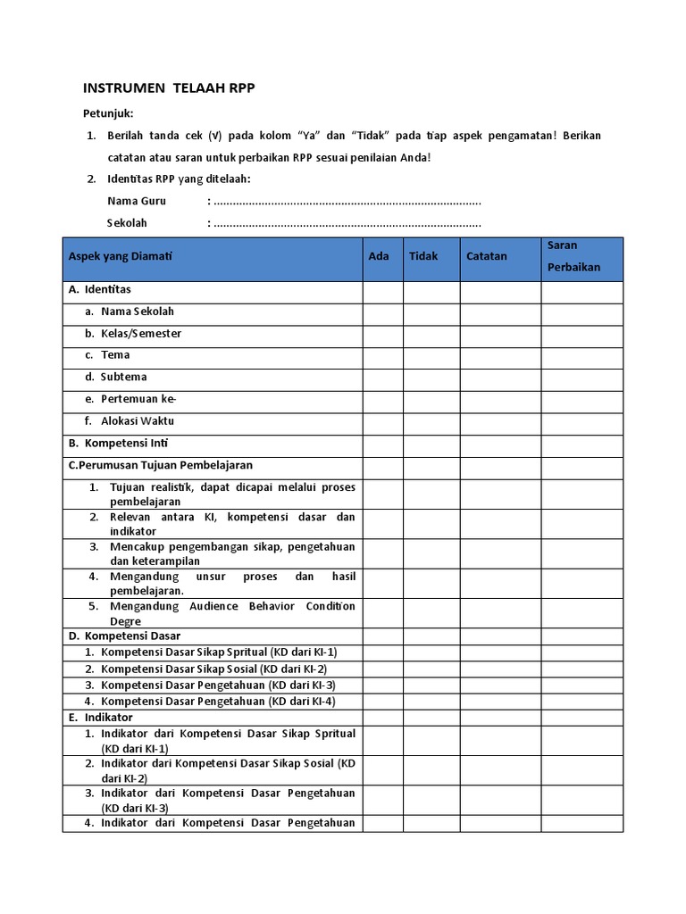 Instrumen Telaah RPP | PDF