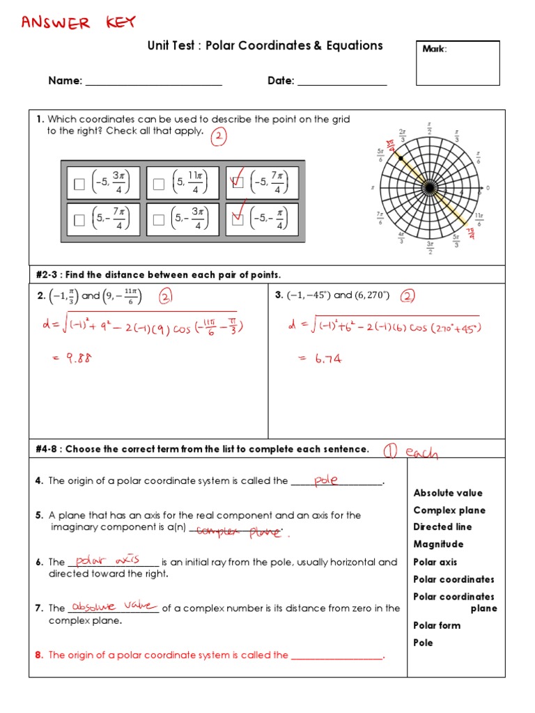Unit Test (Polar Coordinates) ANS KEY | PDF