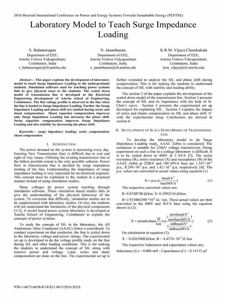 Laboratory Model To Teach Surge Impedance Pdf Electric Power