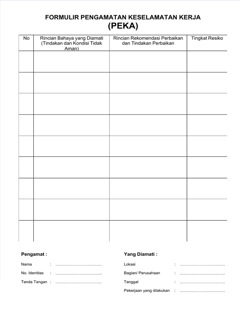 Dokumen - Tips - Formulir Pengamatan Keselamatan Kerja Peka | PDF
