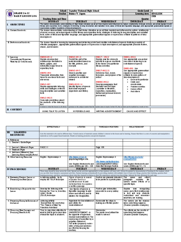Grade 8 English Lesson Plan | PDF | Learning | Narrative