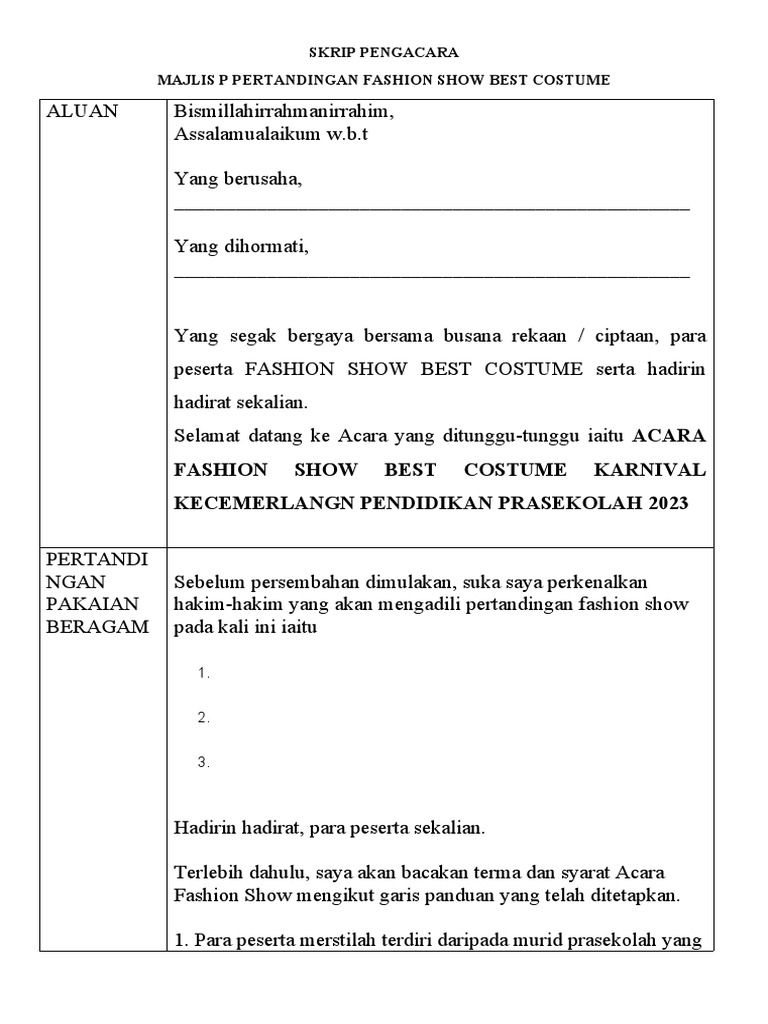 Teks Pengacara Majlis Fashion Show | PDF