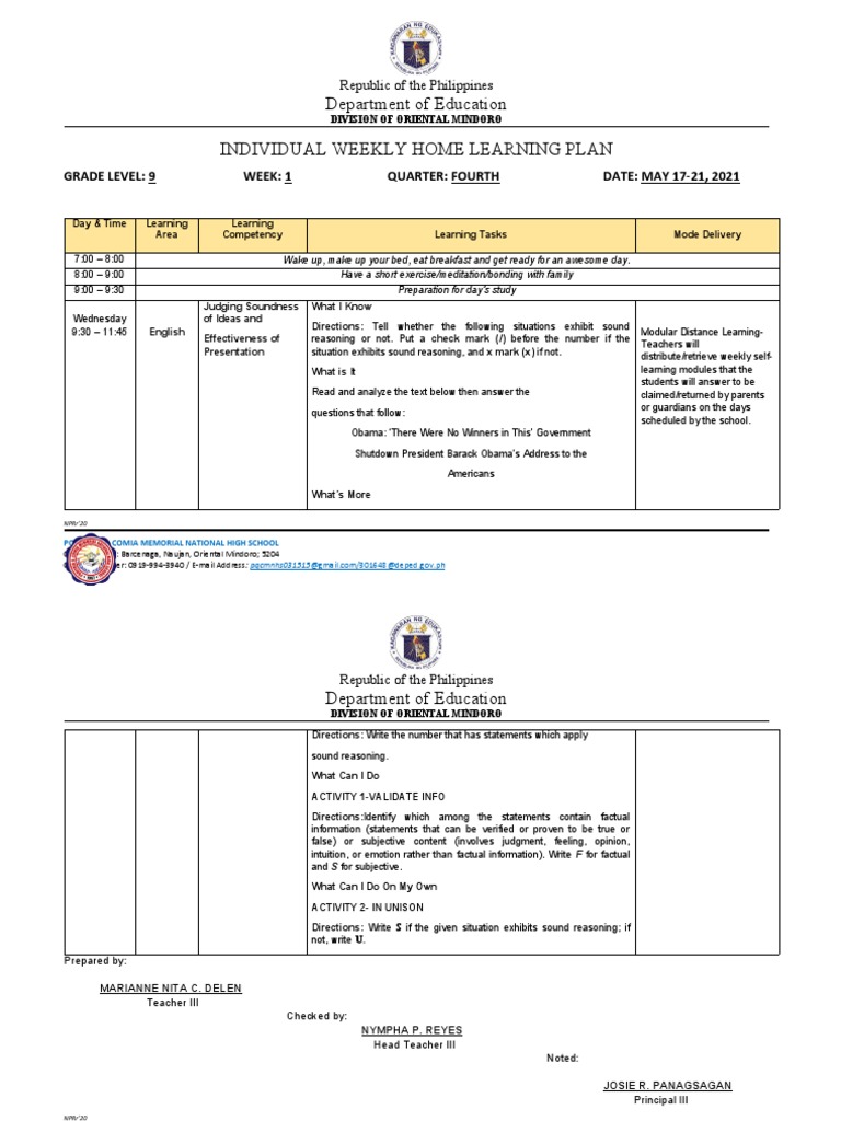 English 9 Q4 W 1 WHLP | PDF
