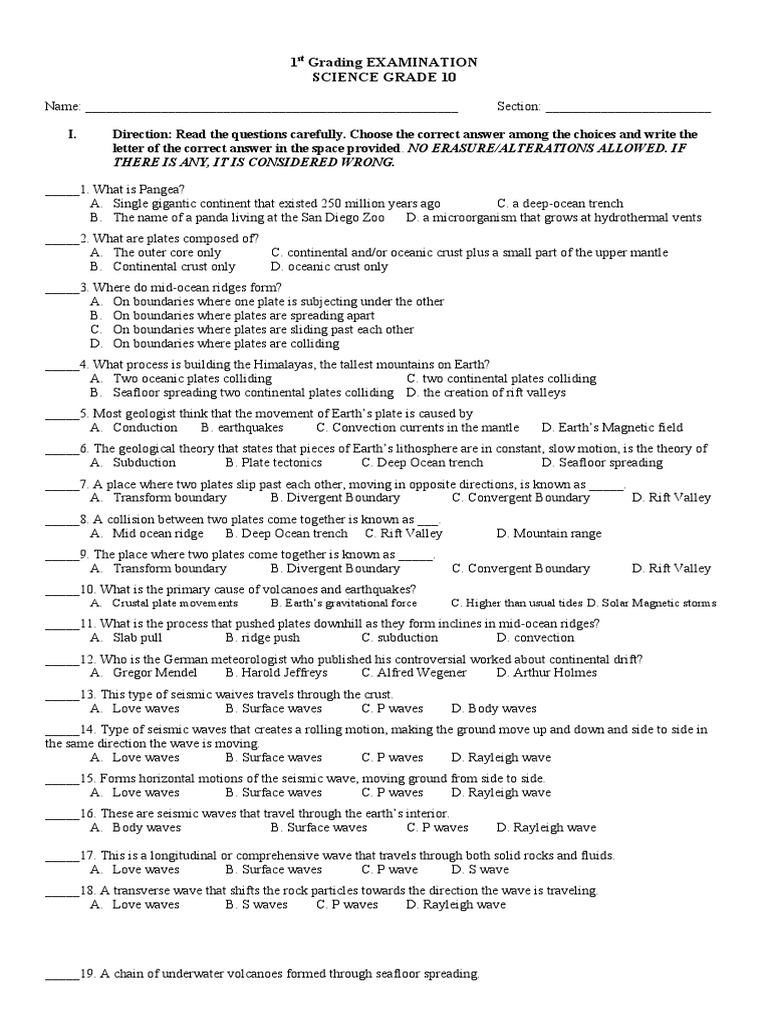 1st Grading Exam Science Grade 10 | PDF | Plate Tectonics | Volcano