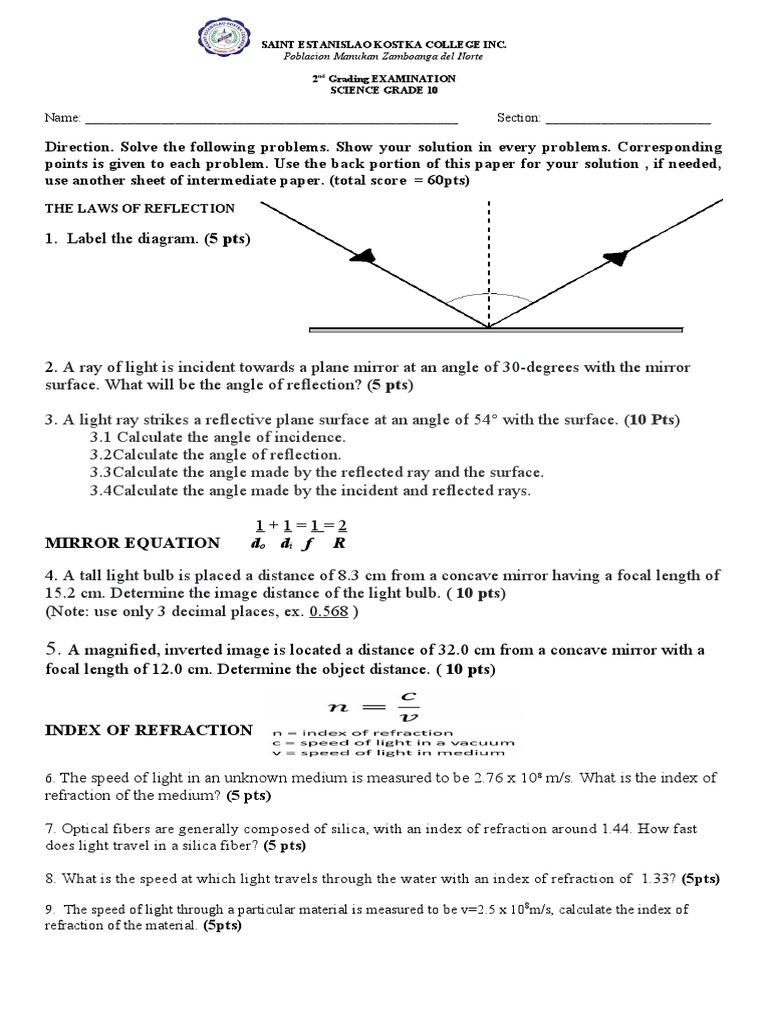 2nd Grading Exam Science Grade 10 | PDF | Reflection (Physics) | Refraction