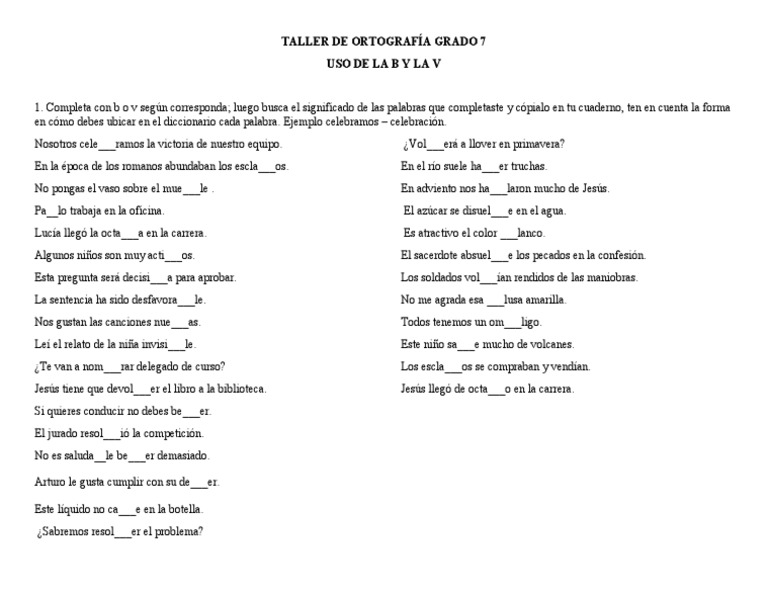 Taller de Ortografía Grado 7 Uso de La B y La V | PDF