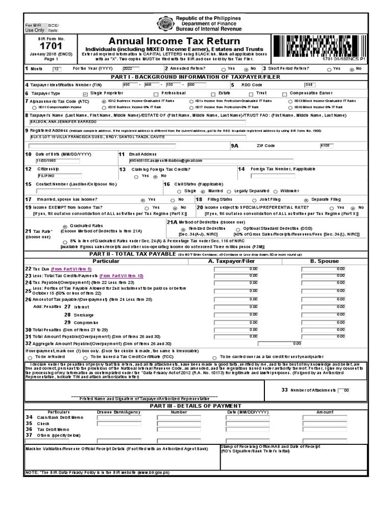 Sample BIR Form 1701 for 2022 | PDF | Tax Deduction | Taxes
