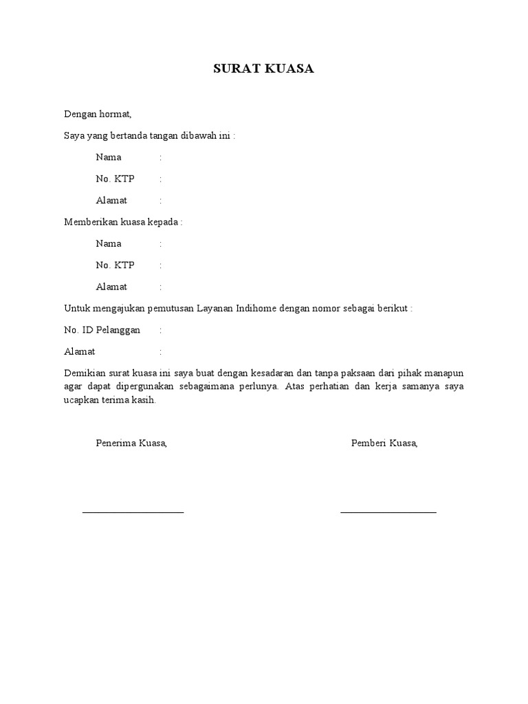 Surat Kuasa Pemberhentian Indihome | PDF