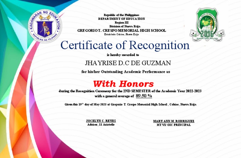 Certificate of Recognition: With Honors | PDF
