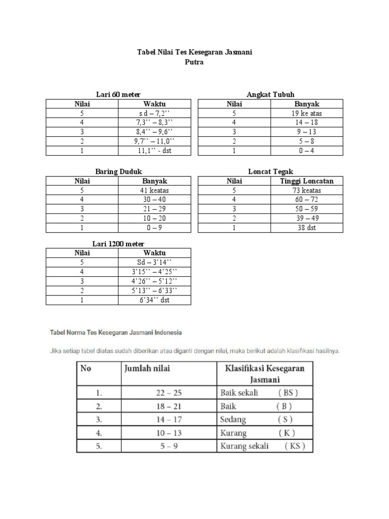Tabel Nilai Tes Kesegaran Jasmani | PDF
