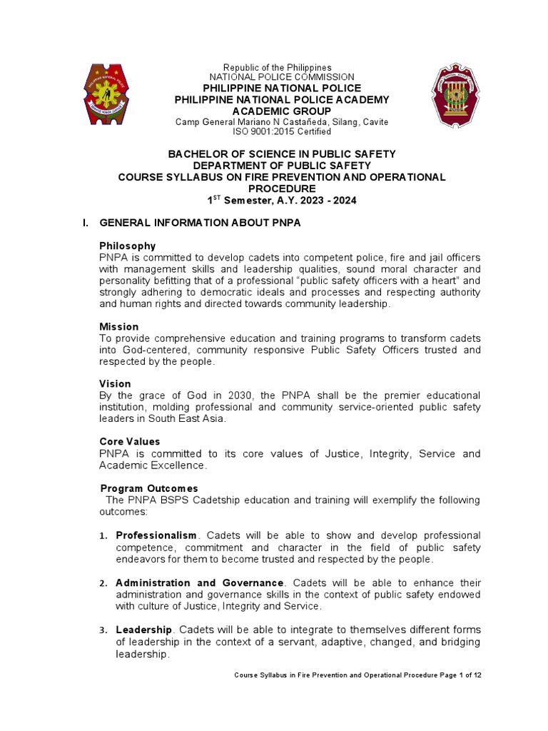 Course Syllabus in Fire Prevention and Operational Procedure June 16 ...