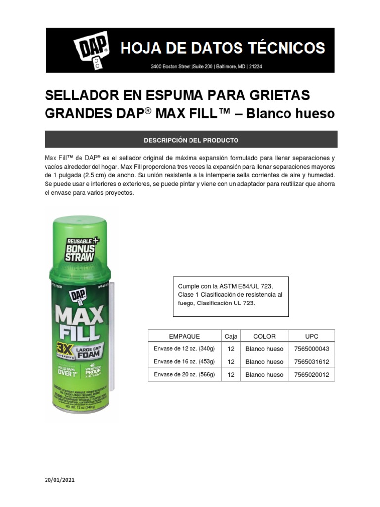 Tds-Dap-Maxfill-Final - 1-20-21 - Sp-Rev Foan Fill | PDF | Espuma ...