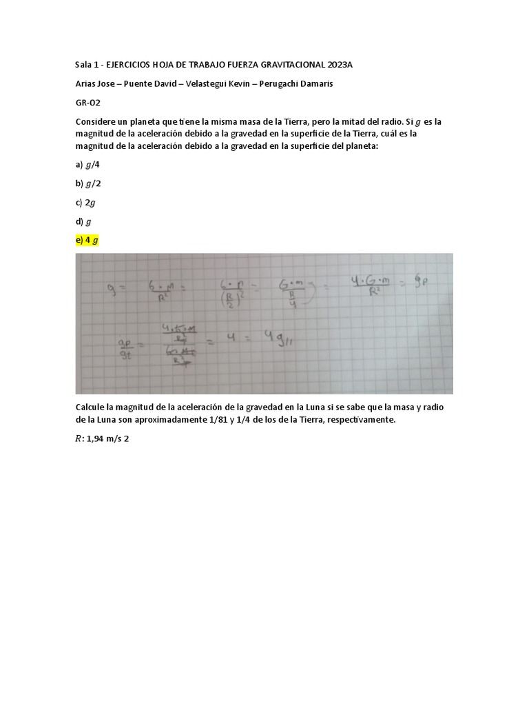 Sala 1 - Ejercicios Hoja de Trabajo Fuerza Gravitacional 2023a | PDF ...