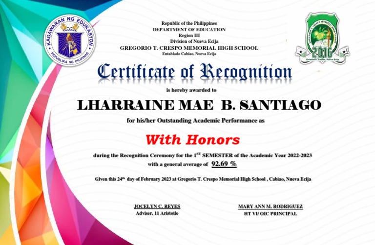 Certificate of Recognition for Honors | PDF