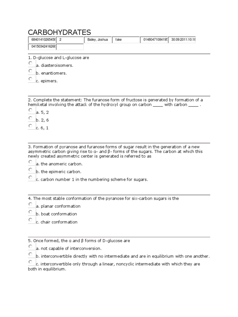 Carbohydrate Quiz | PDF | Carbohydrates | Glucose