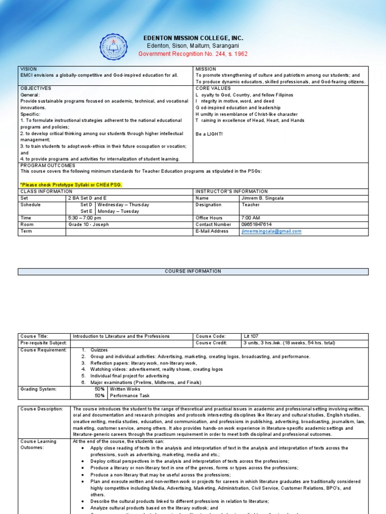 Lit 107 Intro To Lit and The Profession | PDF